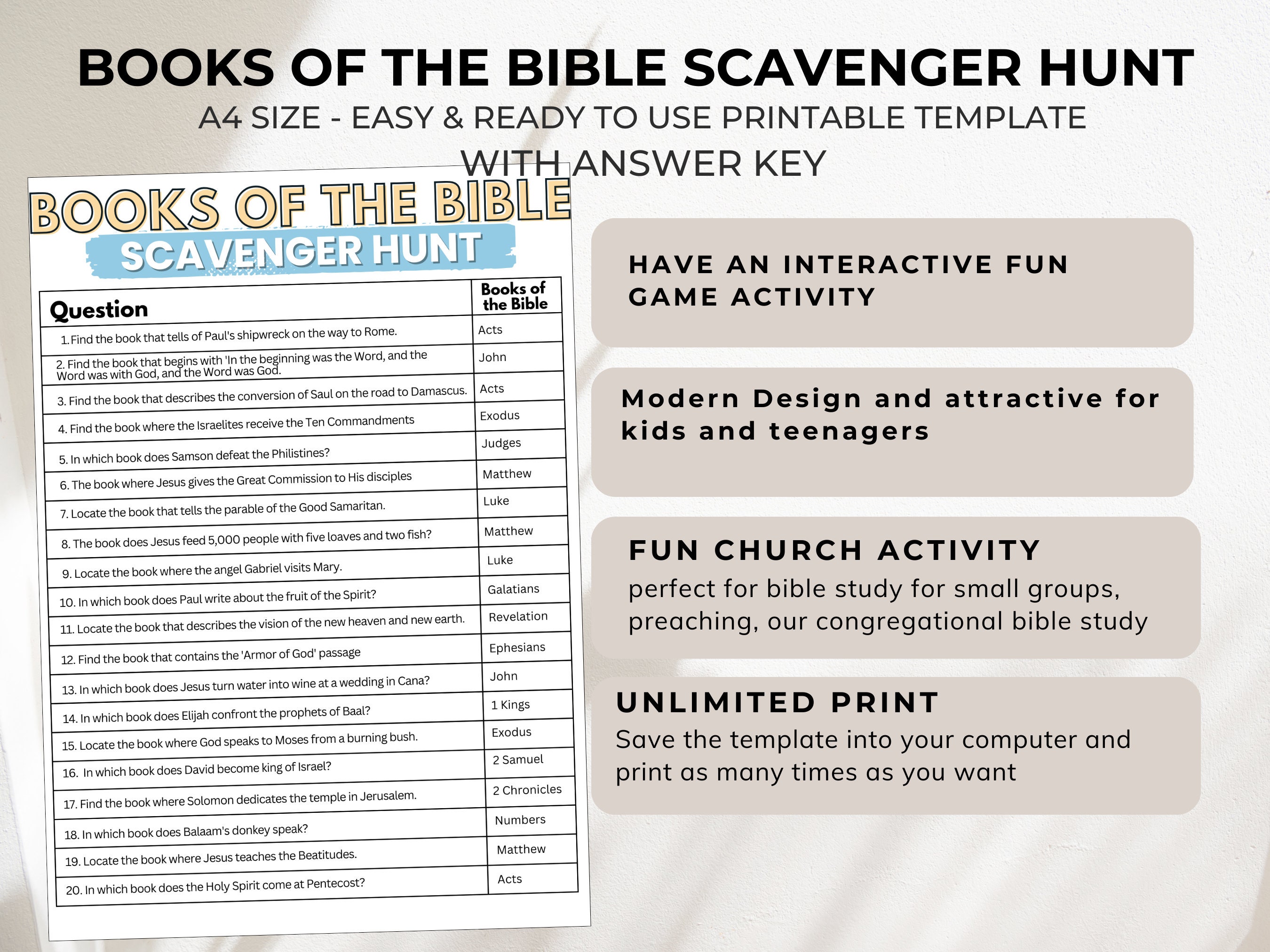 Books of the Bible Scavenger Hunt Game, Printable Church Game, Women's ...