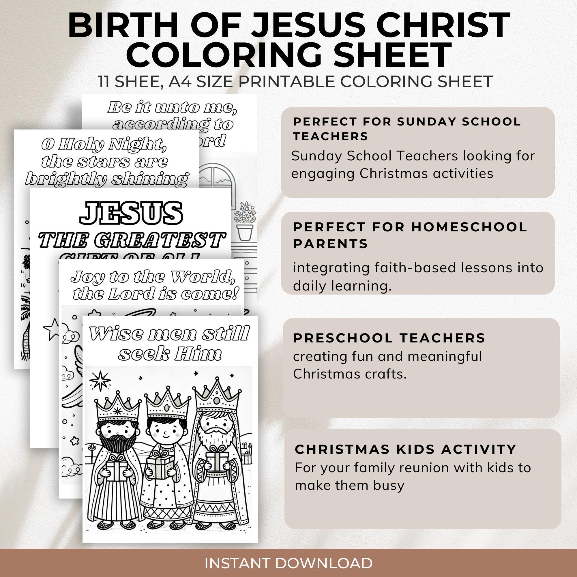 Birth of Jesus Christ Coloring Sheet Printable, Christmas Kids Activity ...