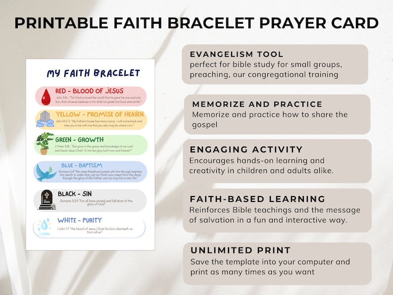 Printable Faith Bracelet Prayer Card | Salvation Bracelet Card, Sunday ...