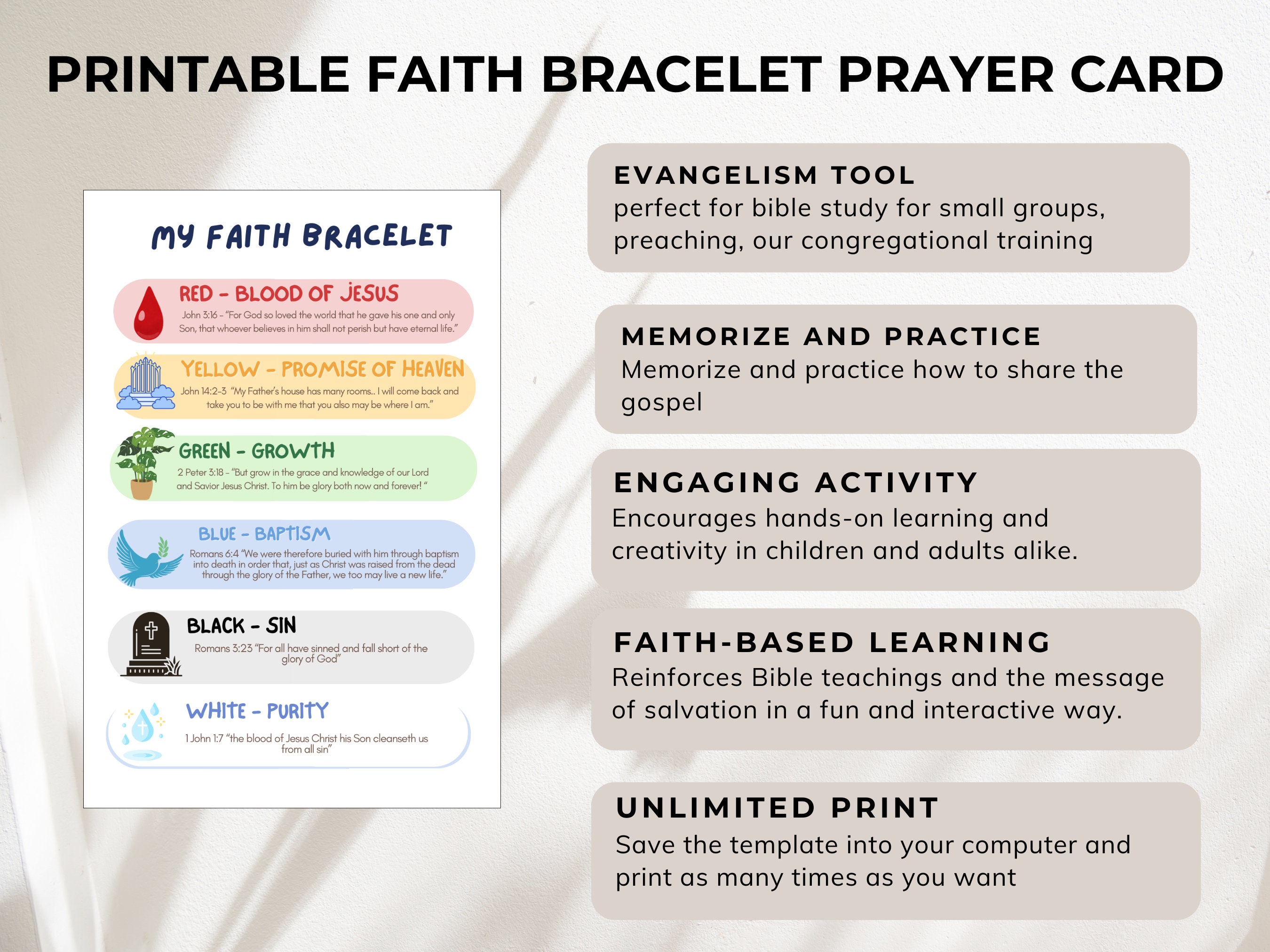 Printable Faith Bracelet Prayer Card | Salvation Bracelet Card, Sunday ...