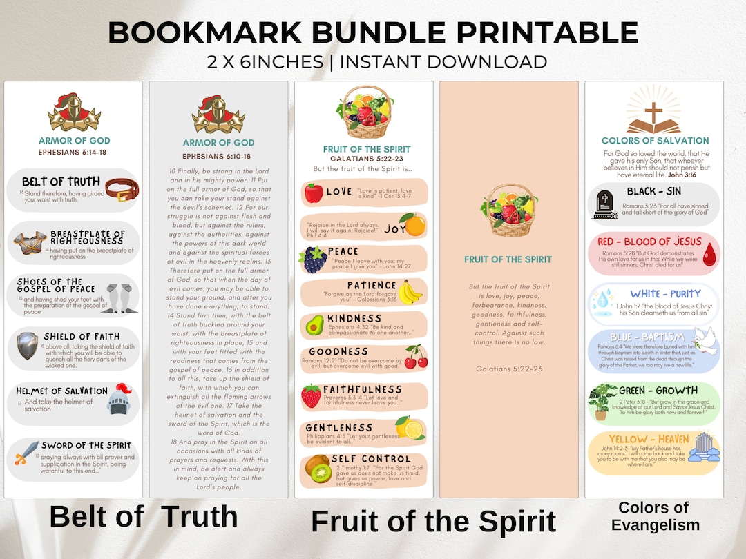 Christian DIY Bookmark Bundle, Armor of God, Colors of Salvation, Fruit ...