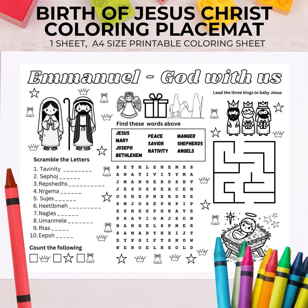 Printable Christmas Activity Placemat Nativity Coloring Sheet for Kids ...