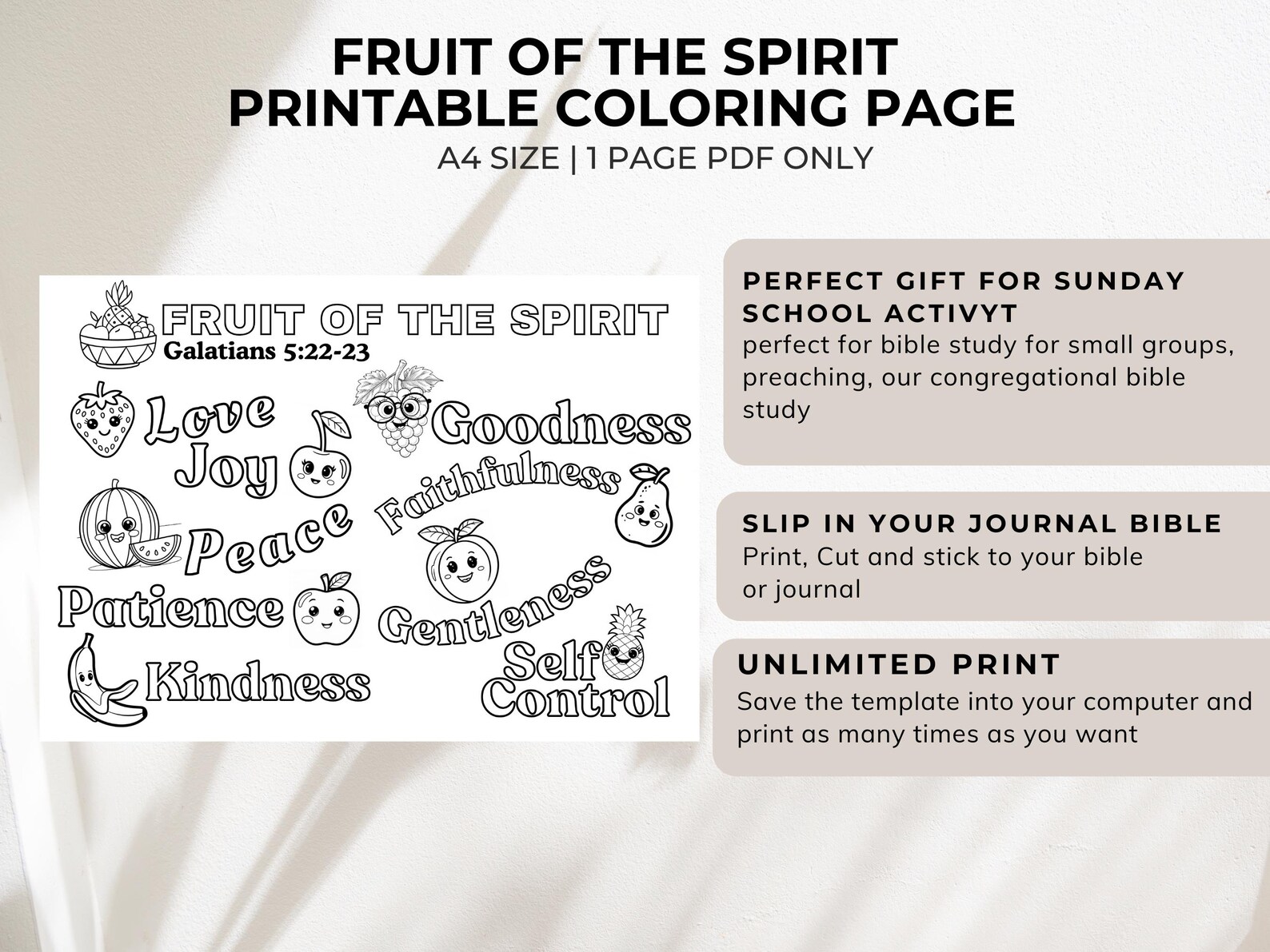 Fruit of the Spirit Coloring Page for Kids | A4 Size PDF & PNG ...