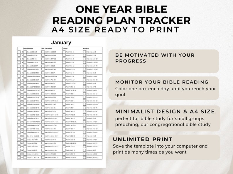 One Year Bible Reading Plan Printable, Bible Reading Tracker, Bible ...