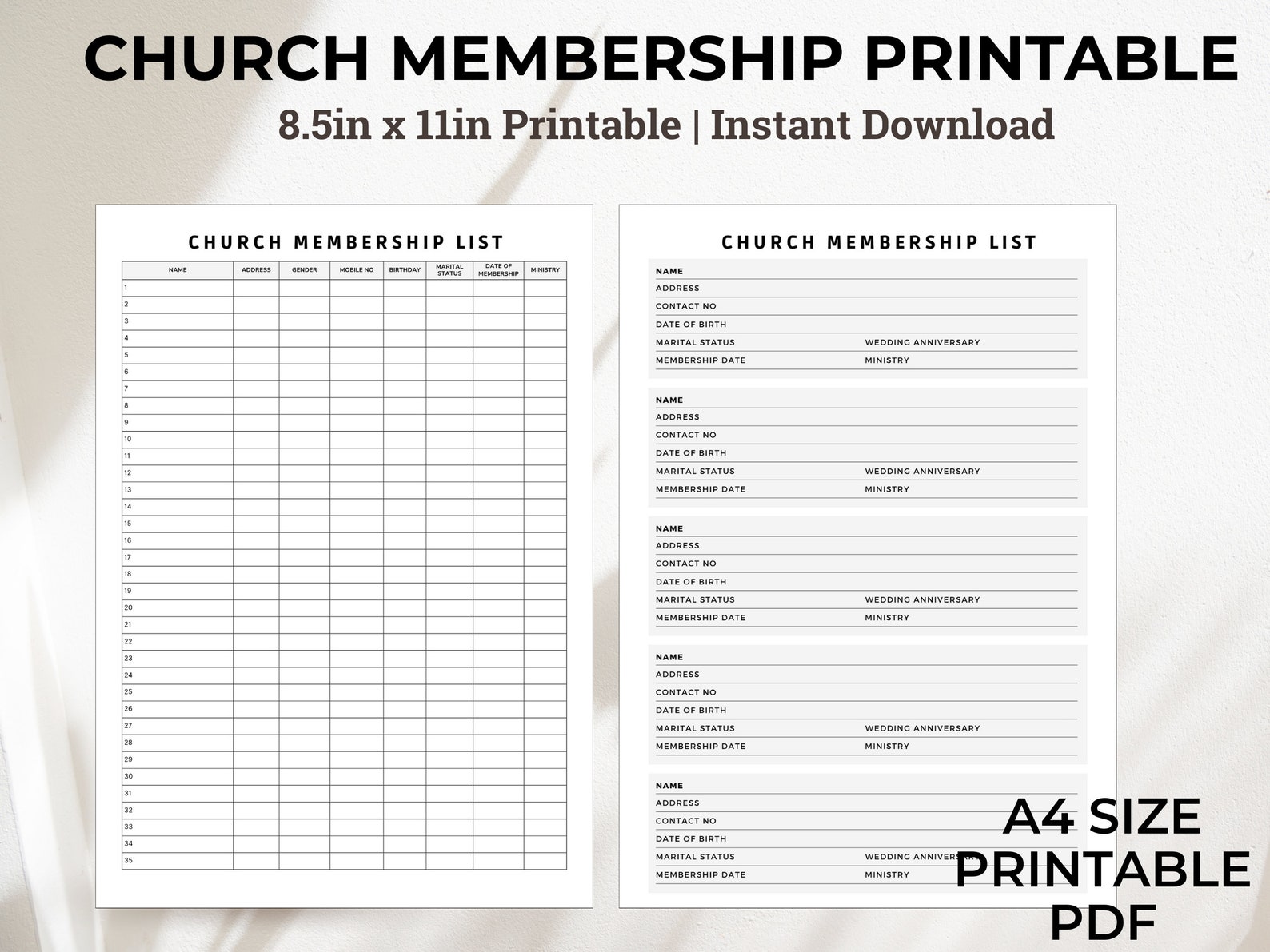 Church Directory Membership Printable Form A4 PDF | Church Membership ...