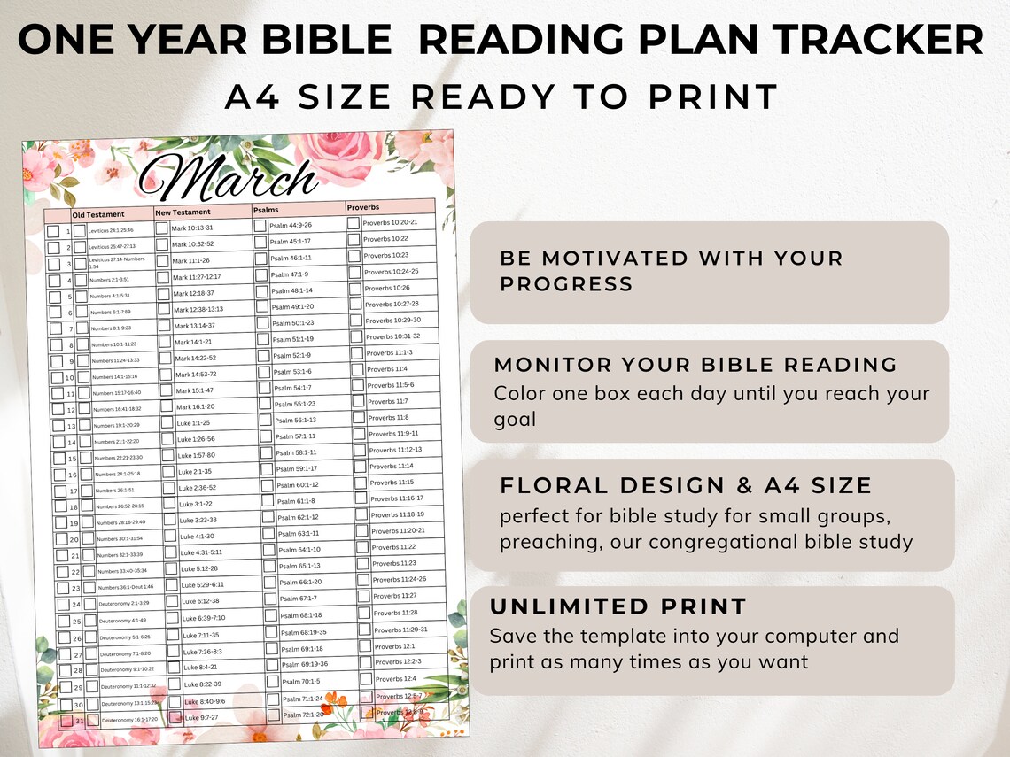 Printable Bible Reading Plan A4 PD, One Year Bible Reading Tracker - Etsy