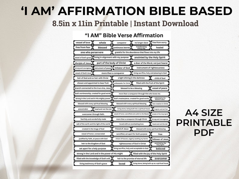 I Am Affirmation Bible Based A4 PDF Printable, Daily Affirmations ...