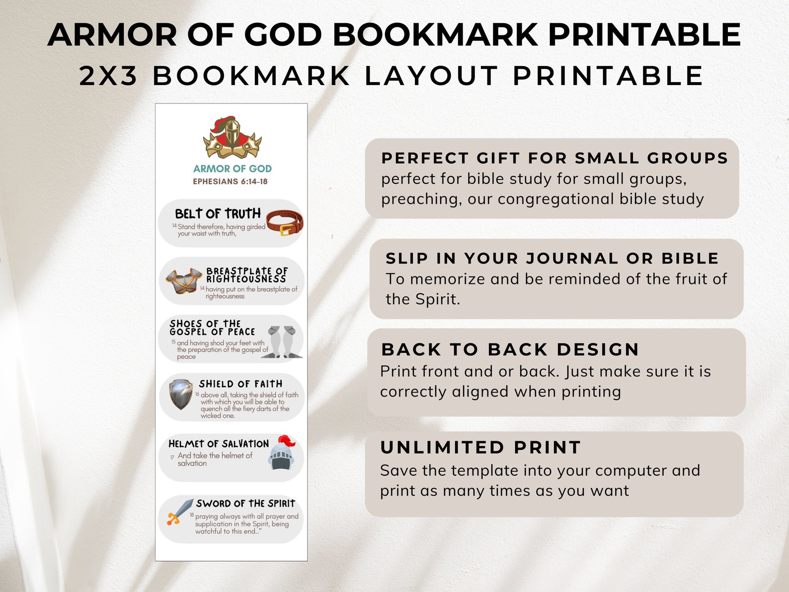 Armor of God Bookmark Printable PDF | Double-sided Christian Bible ...