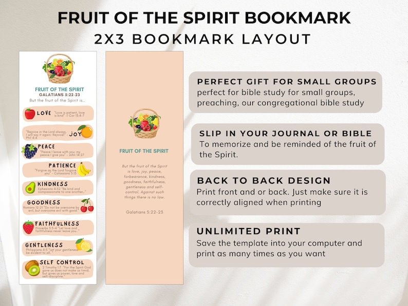 Fruit of the Spirit Bookmark Printable PDF, Double-sided Christian ...