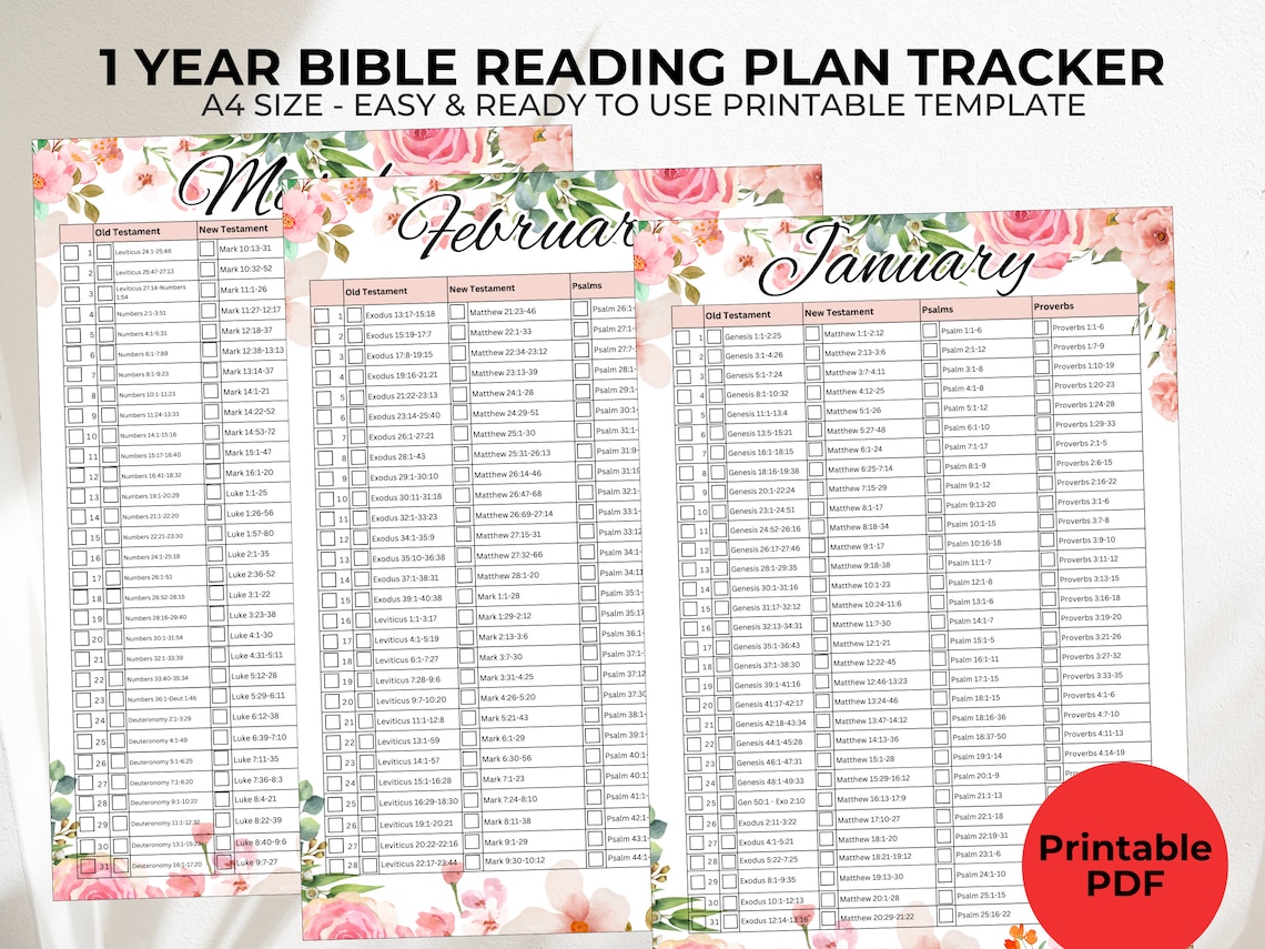 Printable Bible Reading Plan A4 PD, One Year Bible Reading Tracker - Etsy