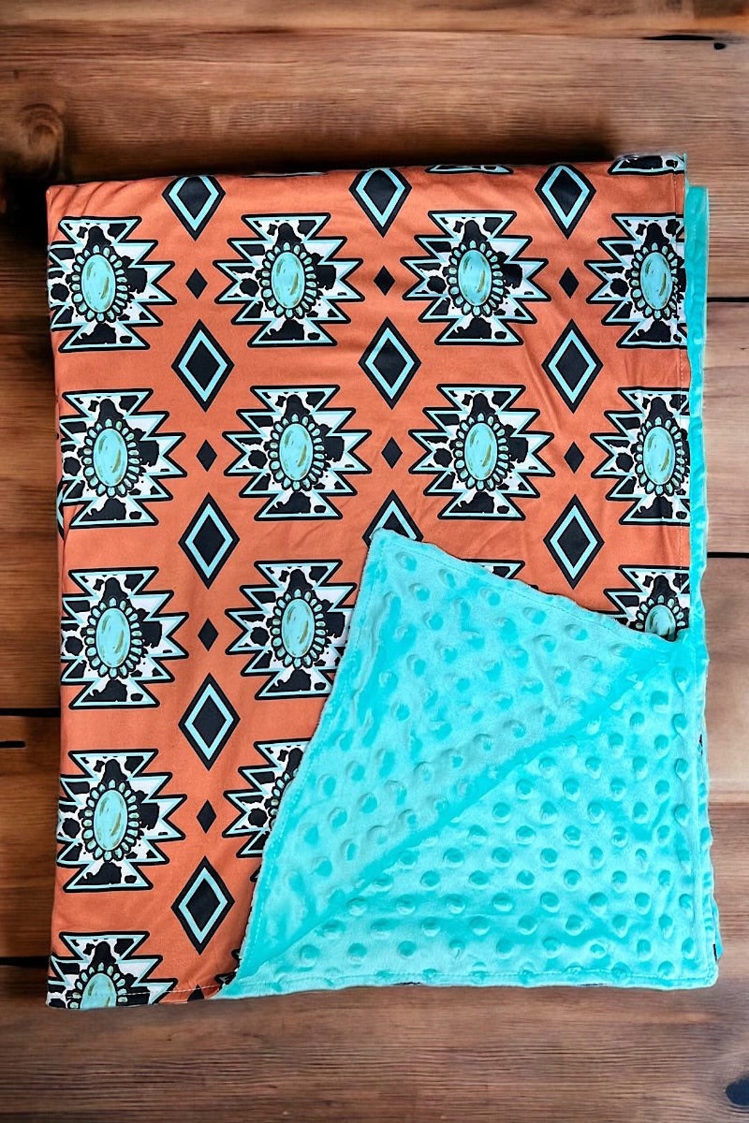 Aztec Turquoise Cow Print Western Rodeo Boys Girls Minky Baby Blanket ...