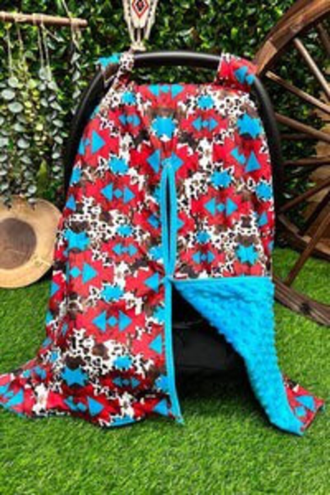 Baby Boys Aztec Cow Print Red Blue Western Rodeo Minky Infant Carrier ...