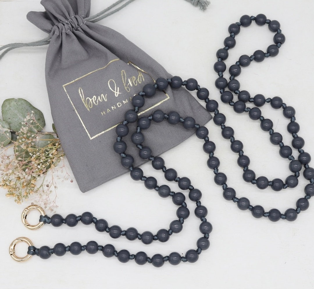 Long Mobile Phone Chain, 10 Mm Grey Wooden Beads, Knotted, Gold-plated ...