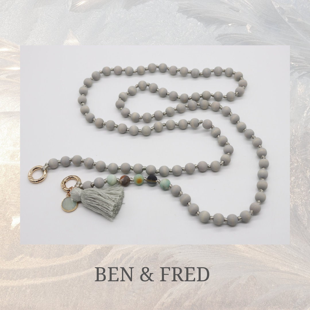 Long Mobile Phone Chain, Natural, Grey Wood and Amazonite Beads 10 Mm ...