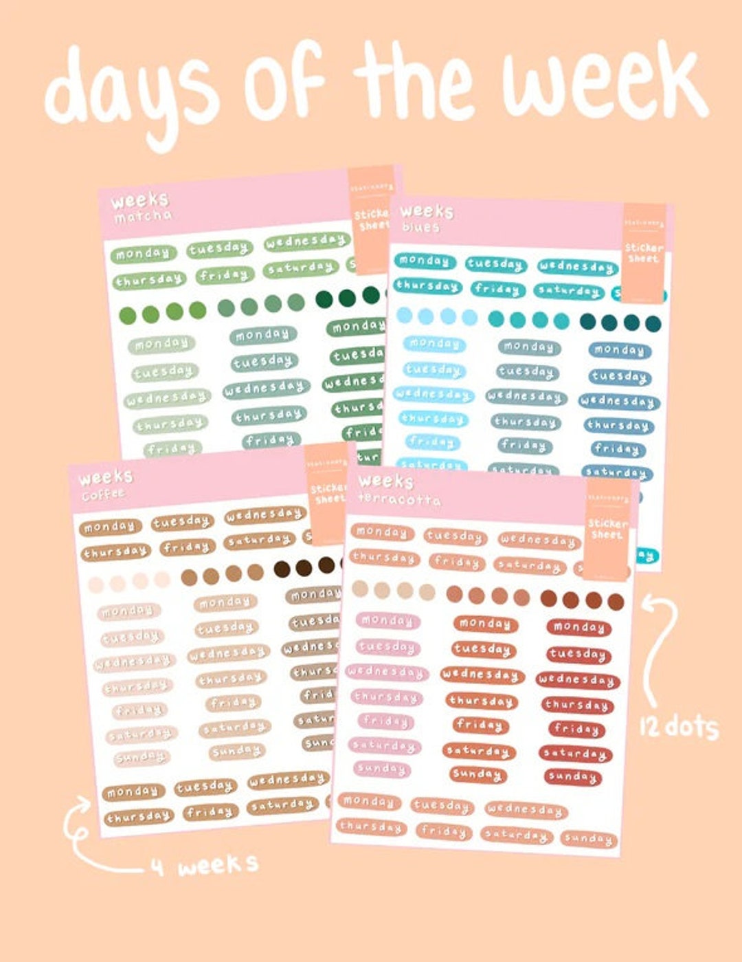 Days of the Week Sticker Sheet | Matte Planner Organization Stickers - Etsy