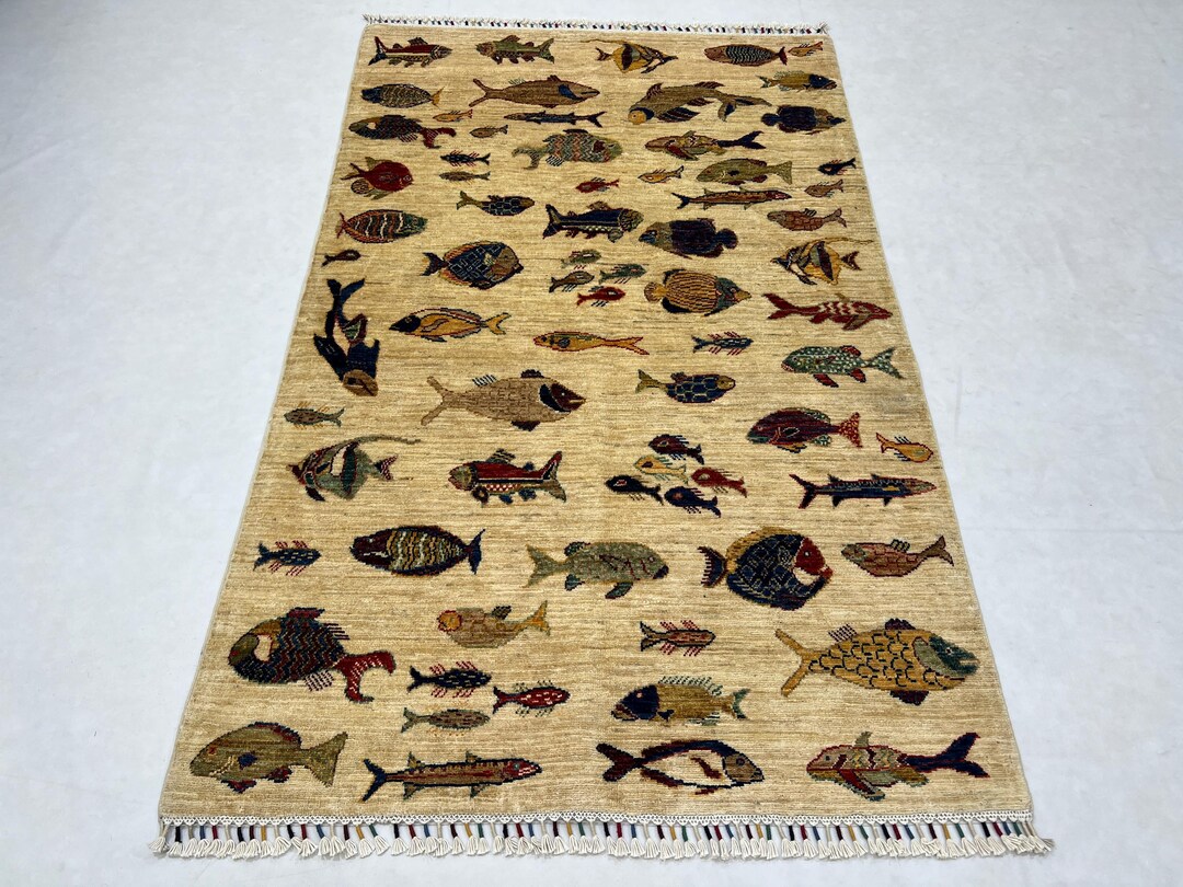 Fish Rug - Handmade Ivory Beige Wool Rug - Afghan Gabbeh Rug 4x6 Ft ...
