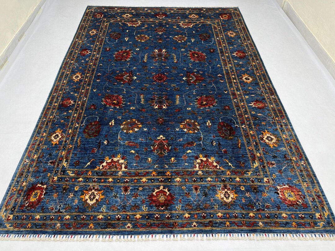 Handmade 7x10 Dark Blue Afghan Rug: Floral Wool Sultani Oriental Rug - Etsy