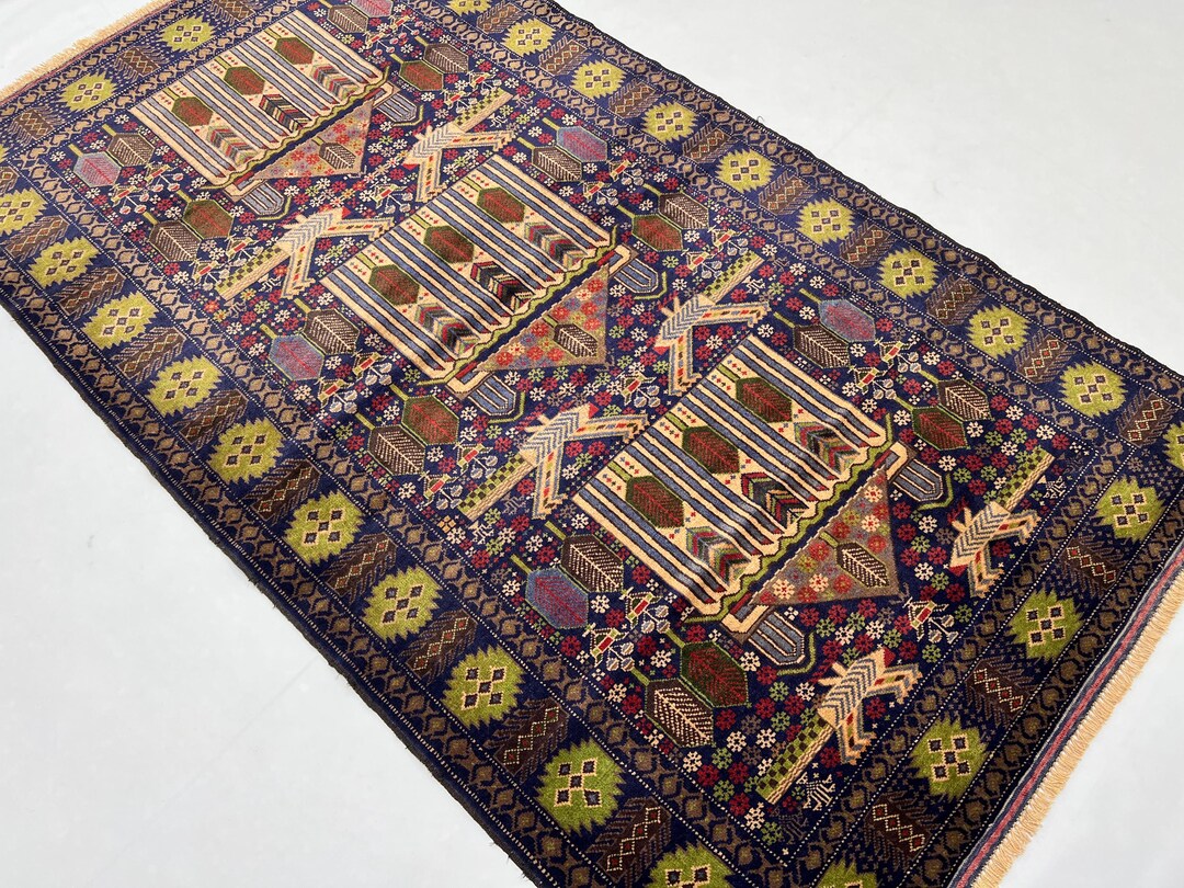 1980s Vintage 4x7 Ft Area Rug - Baluch Geometric Pattern Rug - Bordered ...