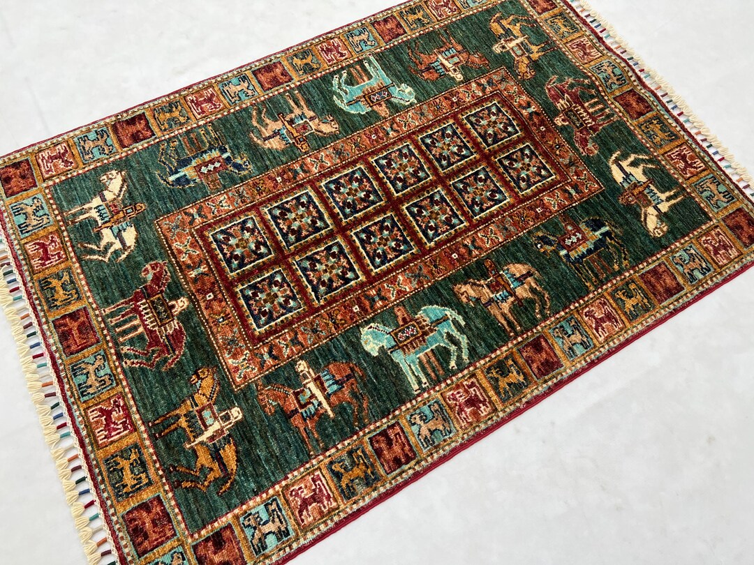 Green 3x4 Ft Pazyryk Rug - Handmade Afghan Veg Dyed Wool Tribal Rug ...