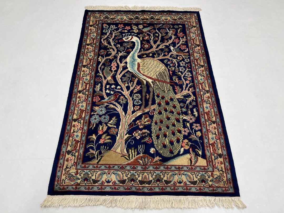 Handmade 3x5 Ft Tree of Life Rug - Navy Blue Bird Rug 3x5 Ft - Silk and ...