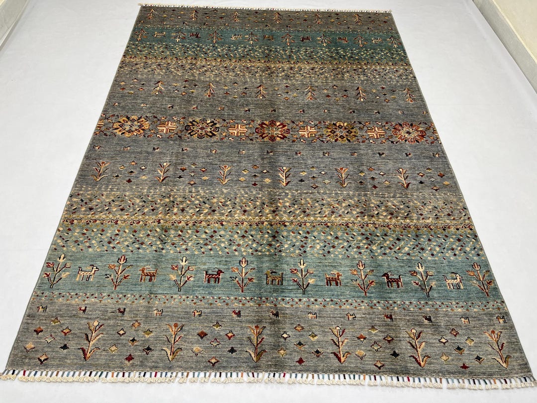 6x8 Ft Animal Pattern Tribal Wool Rug - Blue Grey Gabbeh Rug - Veg Dyed ...