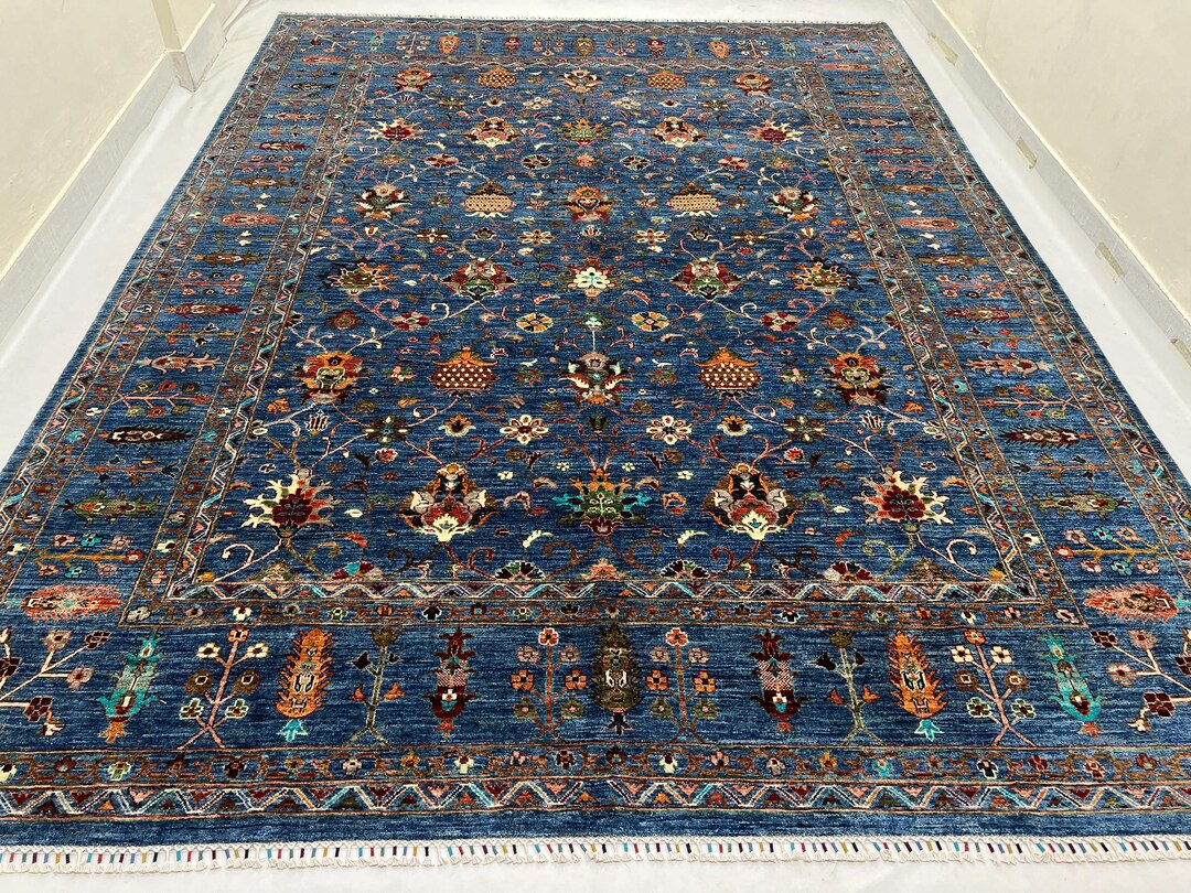 Handmade 9x12 Ft Blue Sultani Chobi Rug - Floral Design Wool Rug ...