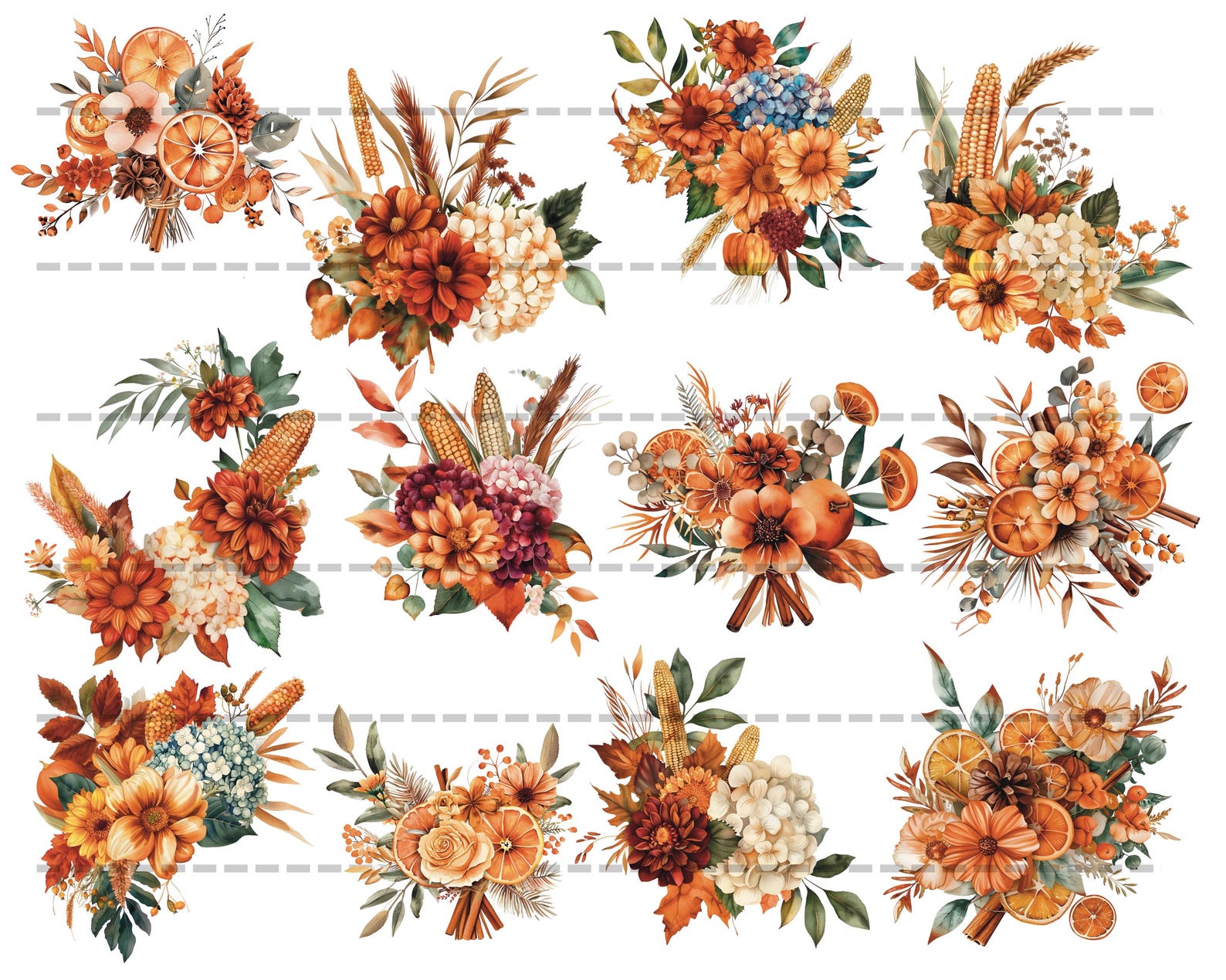 Watercolor Clipart, Fall Flower Clusters, Commercial Use Clipart ...