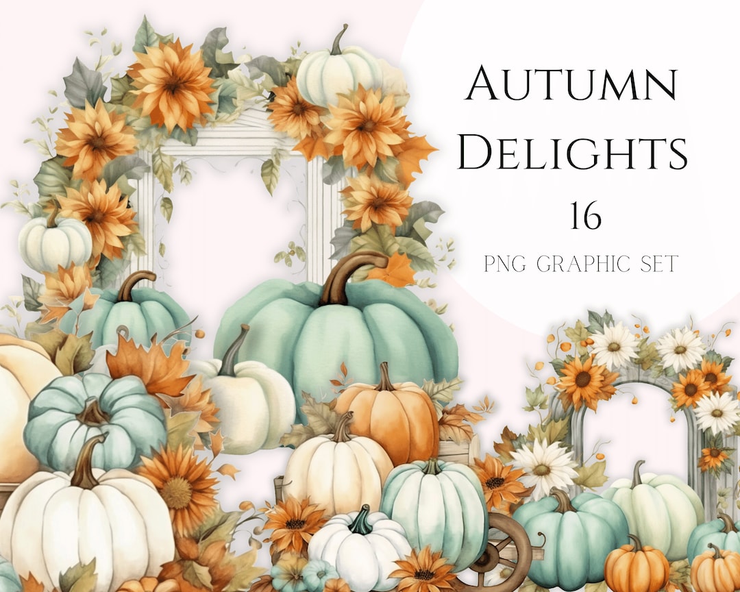 Watercolor Clipart, Cottagecore, Fall Graphics, Sage & White Pumpkins ...
