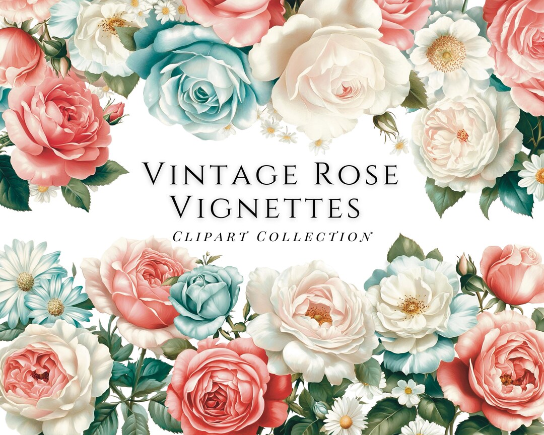 Watercolor Clipart, Vintage Roses, Pink, Ivory, Blue Commercial Use ...