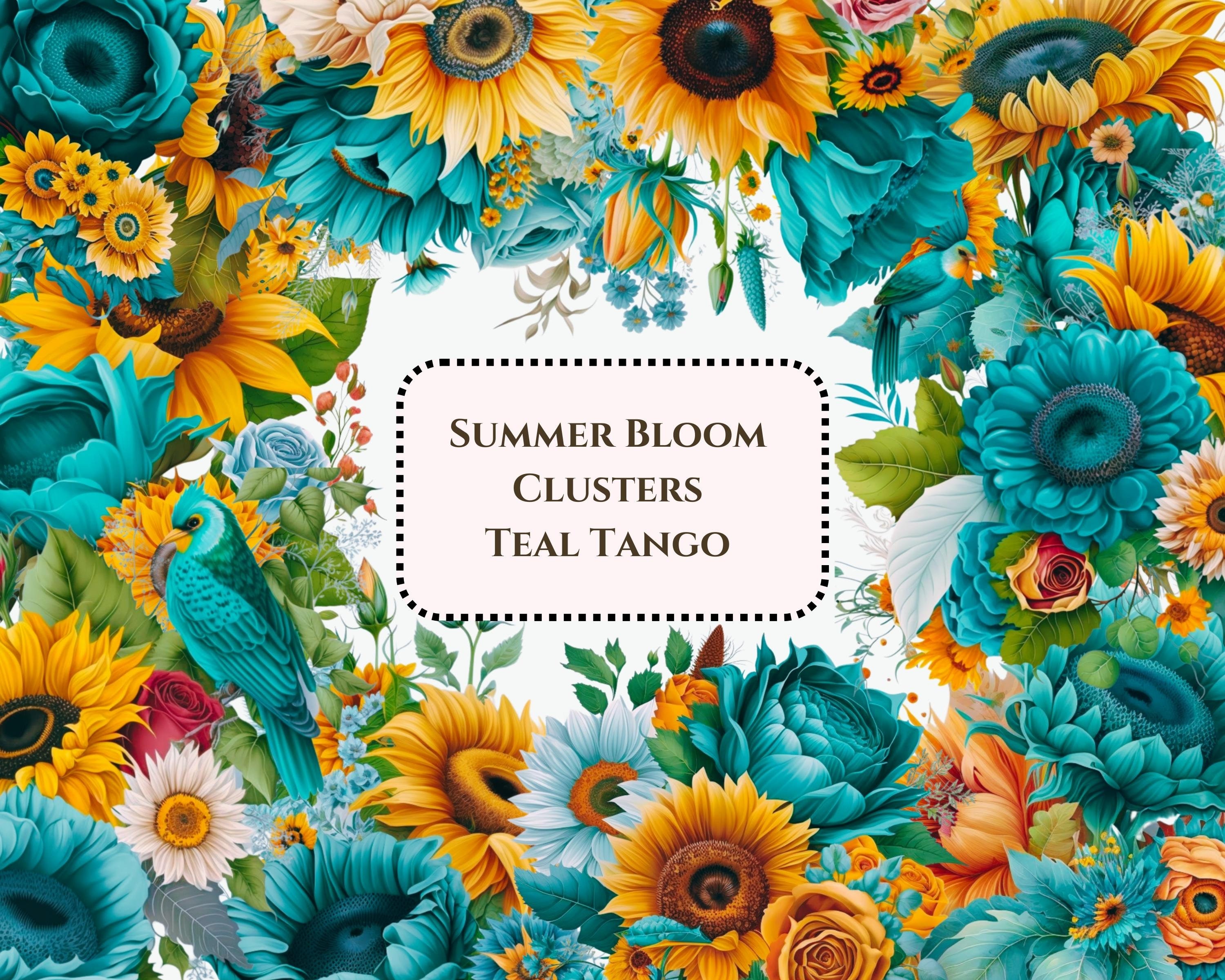 Watercolor Clipart, Teal and Yellow Flower Clusters, Pngs, Commercial ...