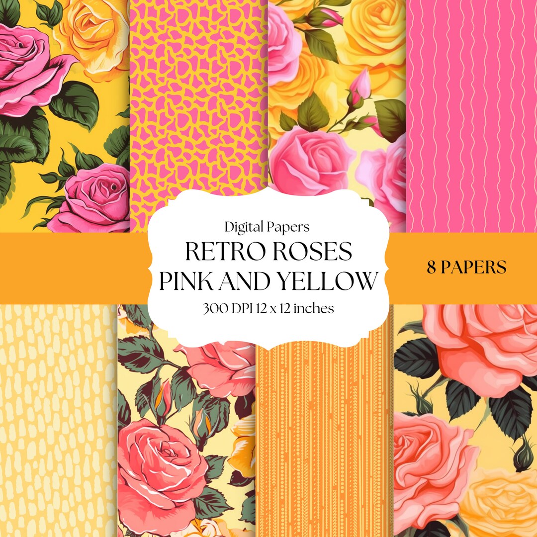 Pink and Yellow Digital Papers, Pink Roses Backgrounds, Seamless ...