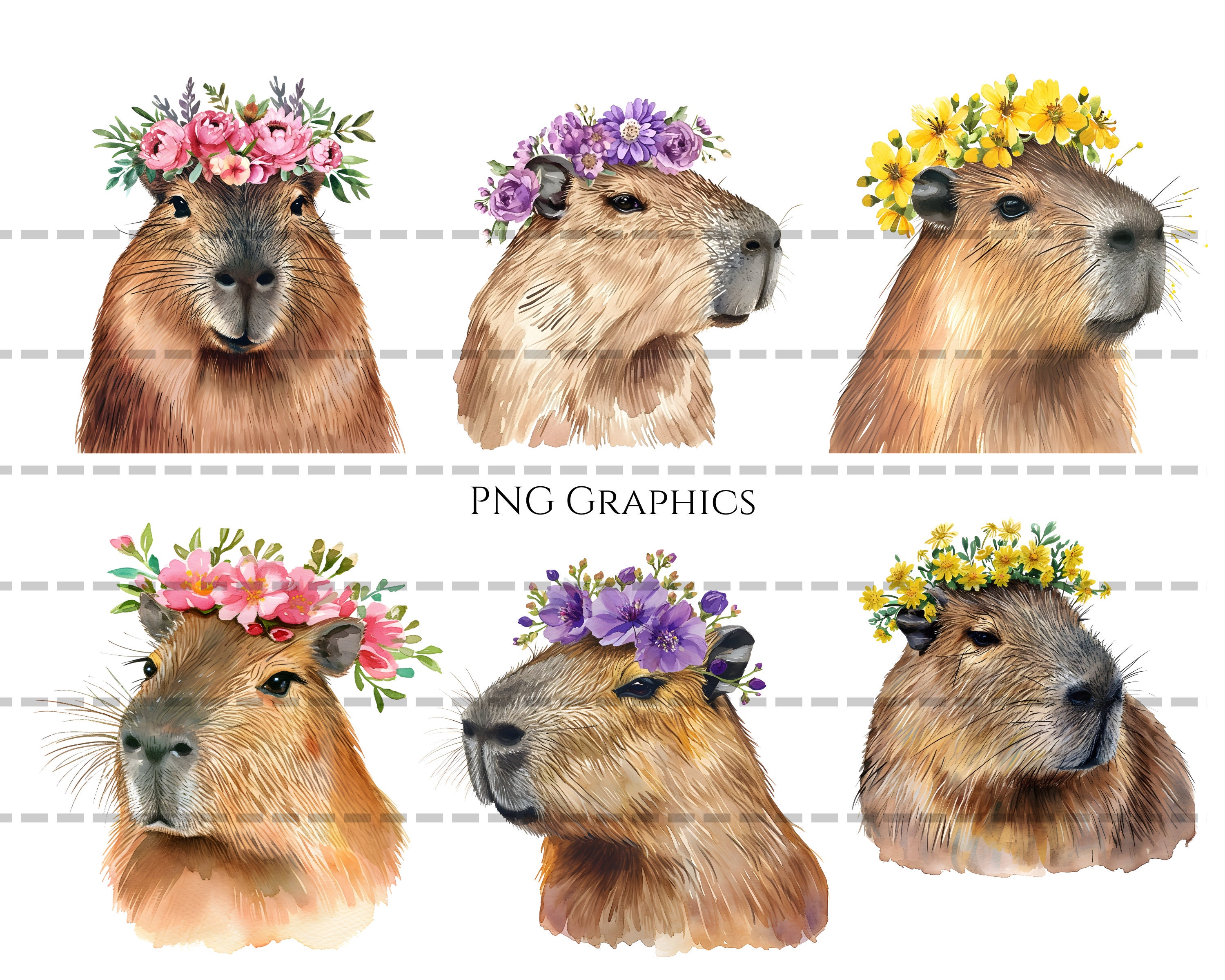 Watercolor Clipart, Flower Crown Capybara, Pngs, Animals, Commercial ...