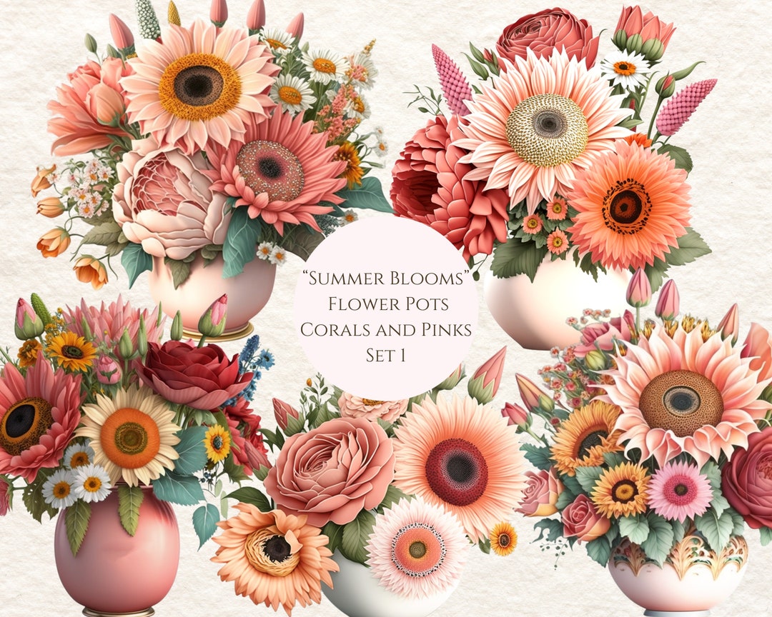 Watercolor Clipart, Pink and Coral Flowers, Commercial Use Clipart ...