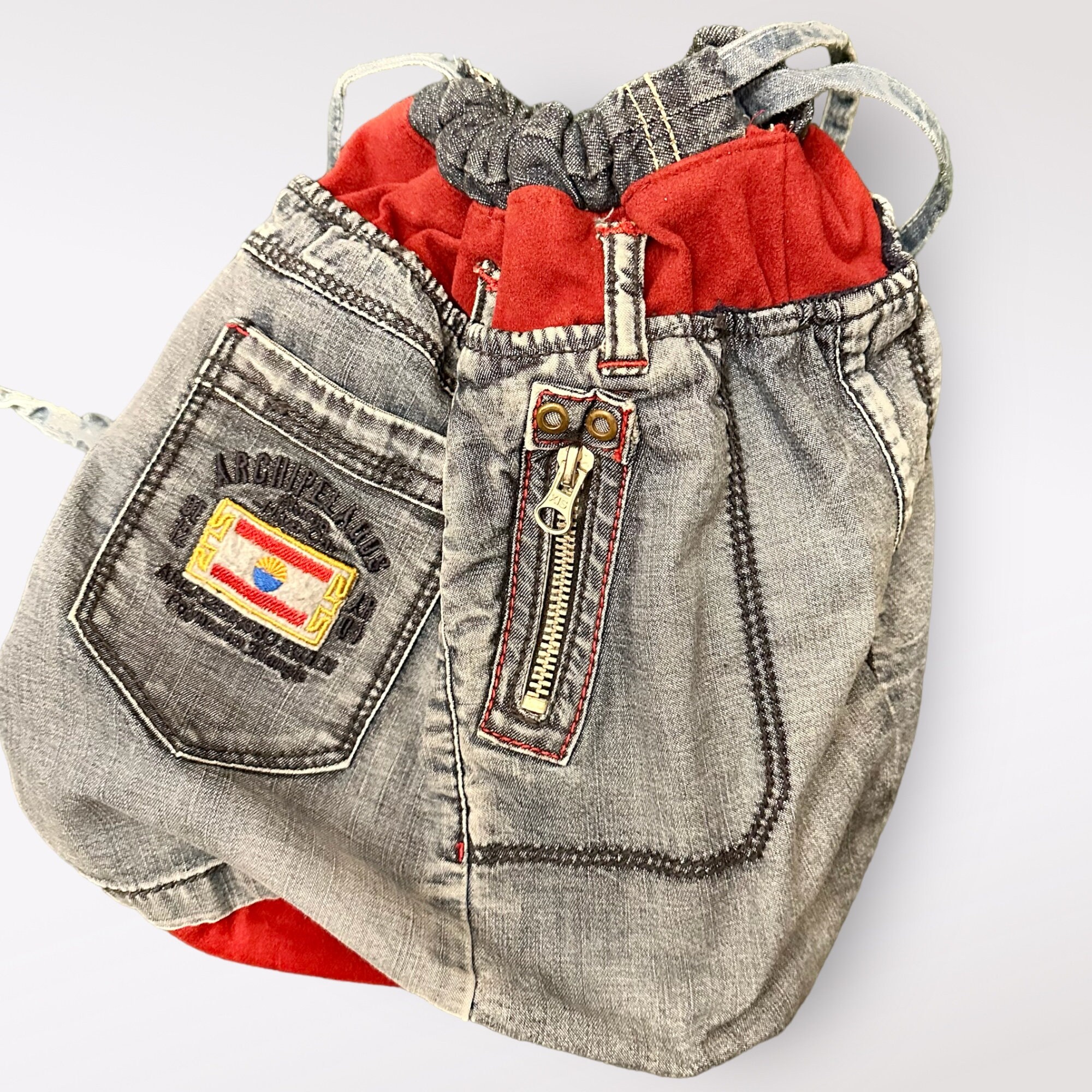 Handmade Upcycled Bucket Bag in Denim and Red - Etsy