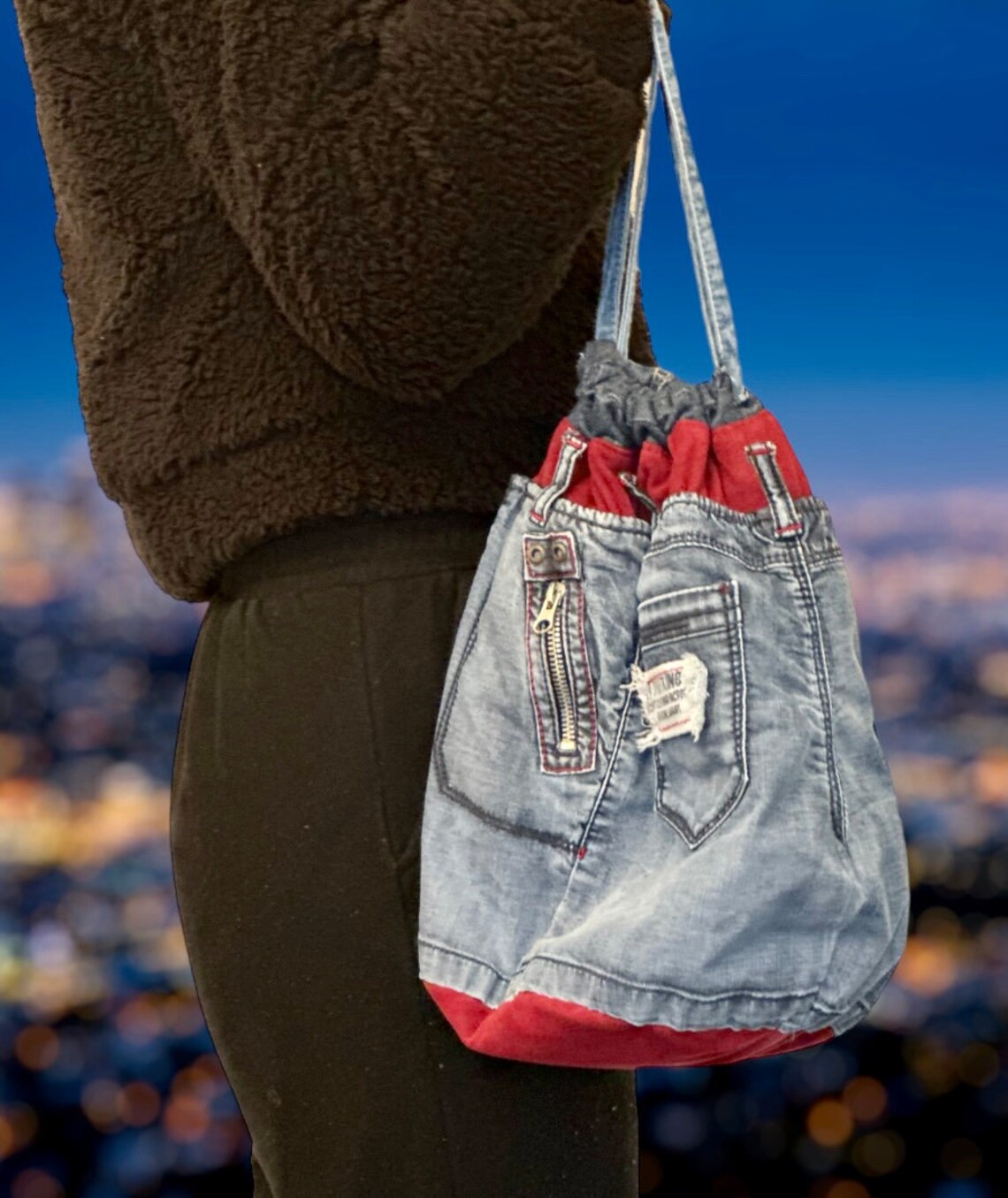 Handmade Upcycled Bucket Bag in Denim and Red - Etsy