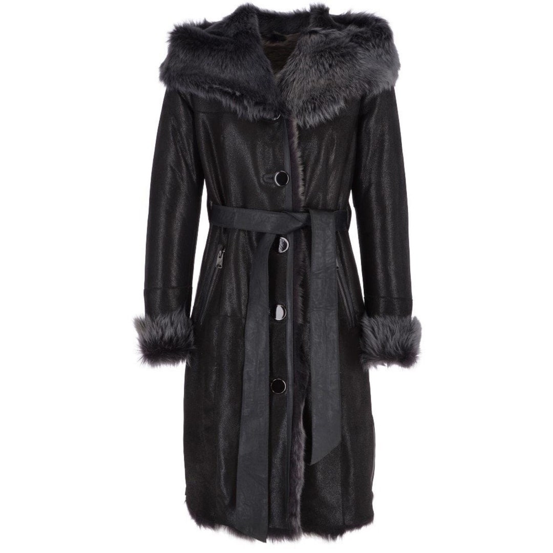 Women's Shearling Coat/long Hood and Belted Coat 100% Genuine Leather ...
