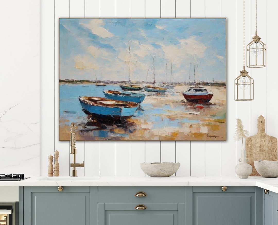 Sailing Boats Berth at Beach Original Art, Custom Abstract Oversized ...