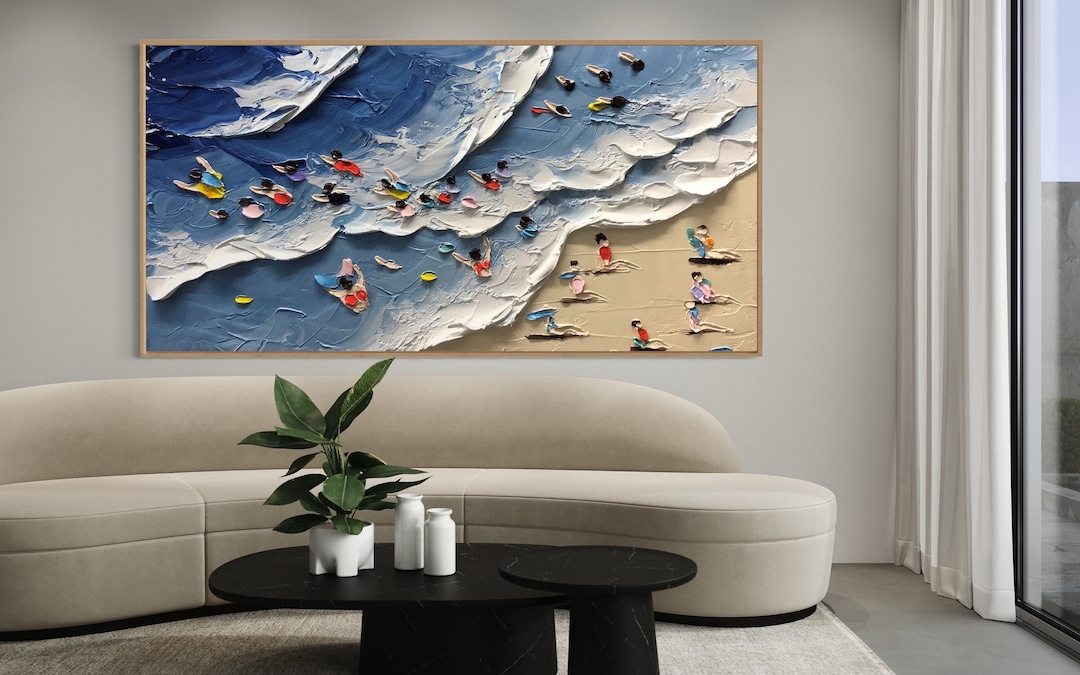 Dark Blue Swimming Surfers Ocean Coastal Art, Acrylic Oversize Hampton ...