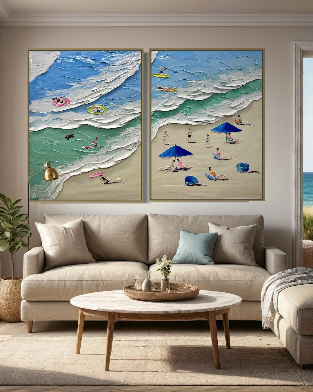 Hand Painted Seascape Art: Thick Texture Beach Painting, 2-piece Set - Etsy