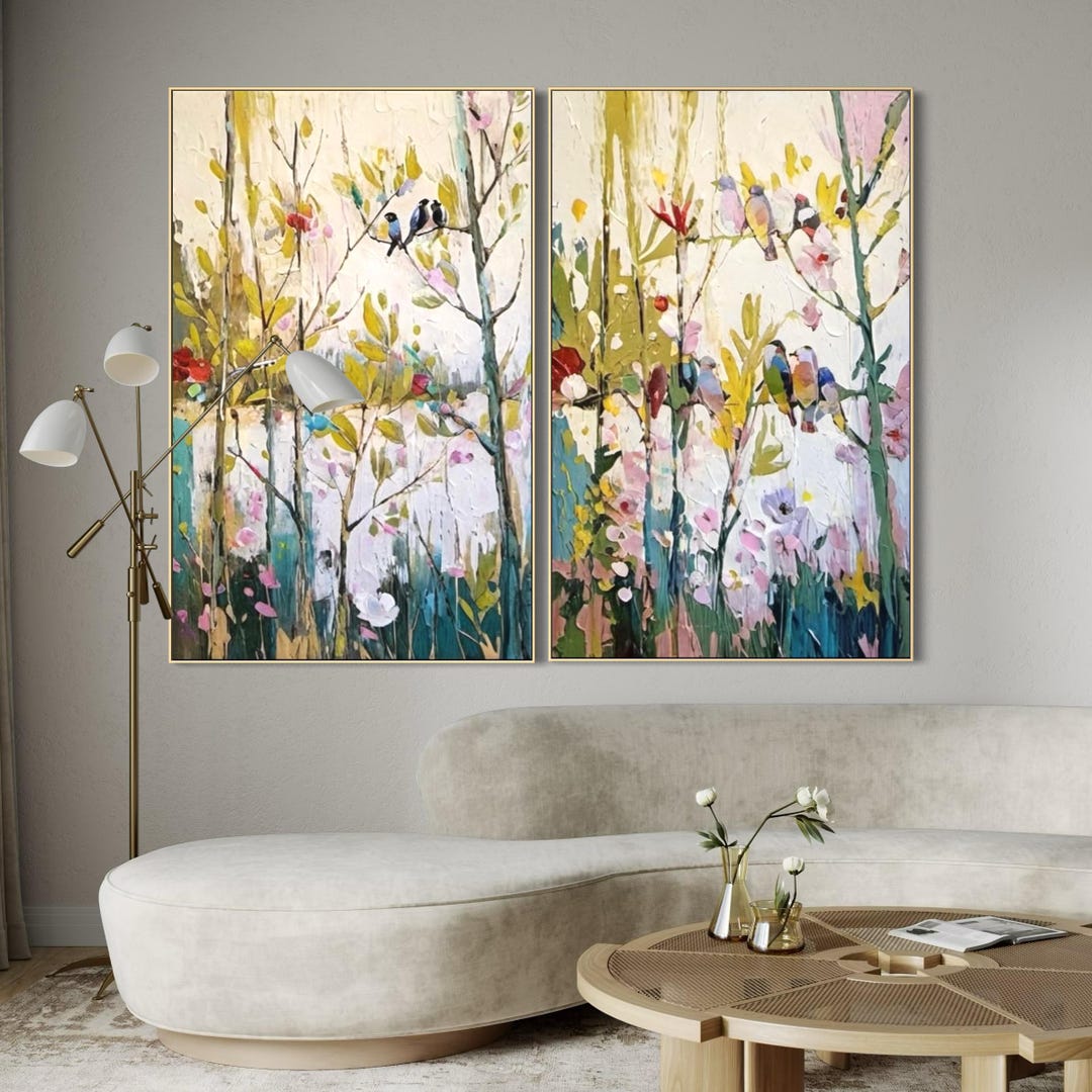 2 Piece Bird Wall Art, Modern Abstract Ree Painting, Pastel Floral ...