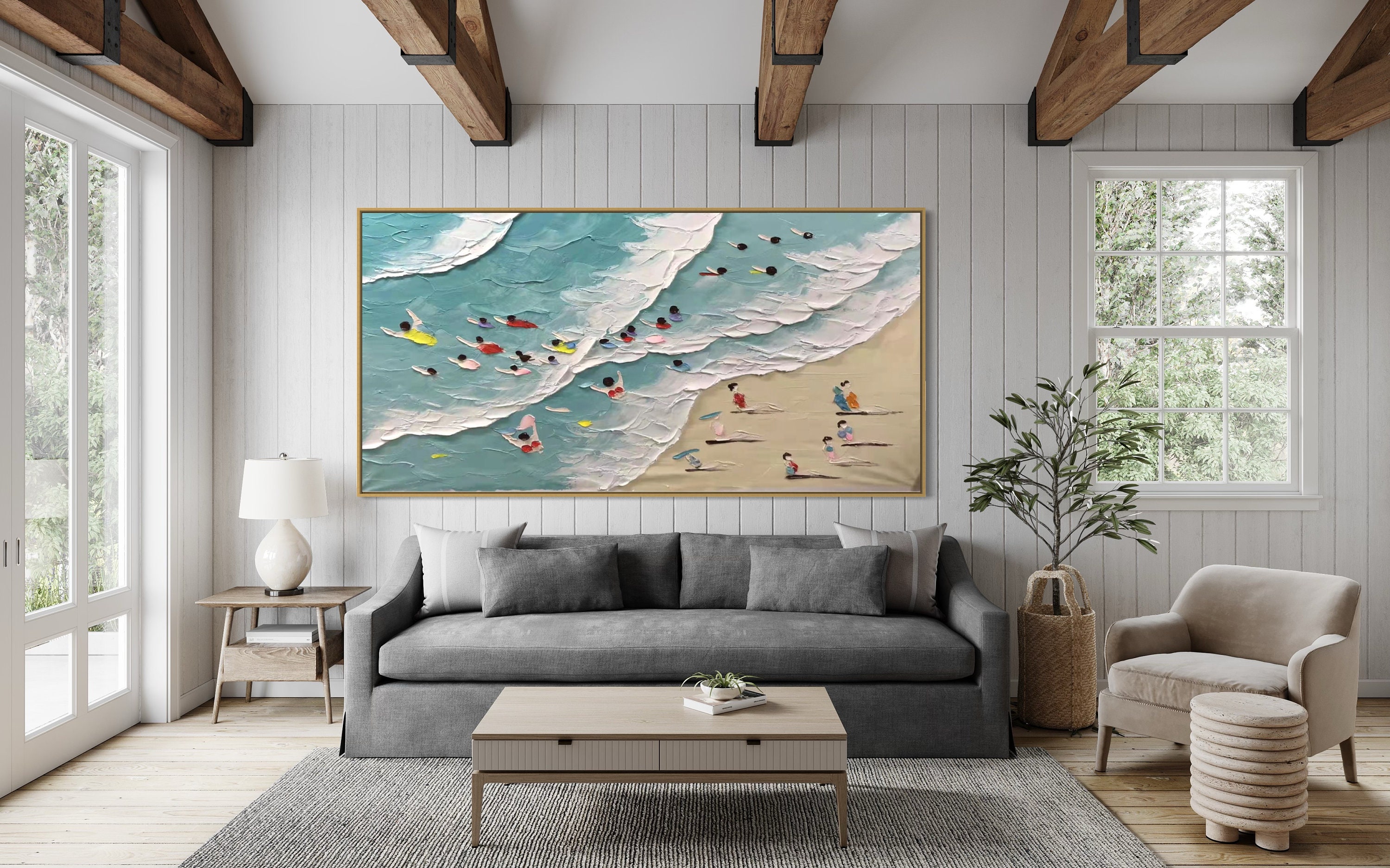 Family Beach Day From Overhead View, Modern Abstract Art, Oversized ...