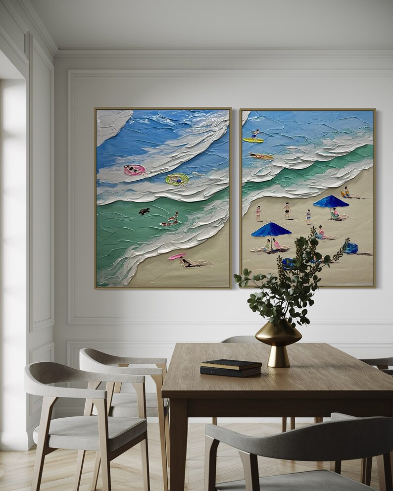Hand Painted Seascape Art: Thick Texture Beach Painting, 2-piece Set - Etsy