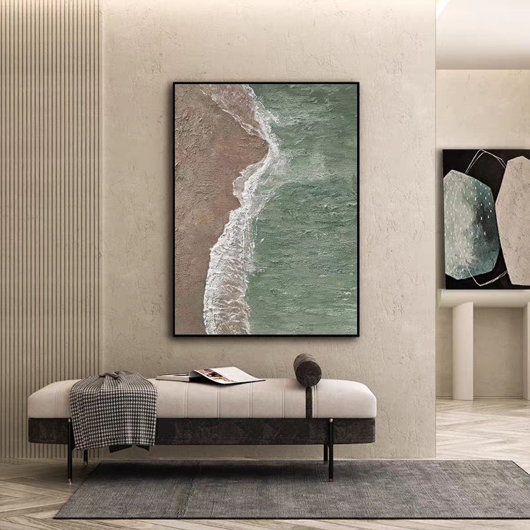 Extra Large Vertical Green and Beige Beach View Painting, Oceanfront ...