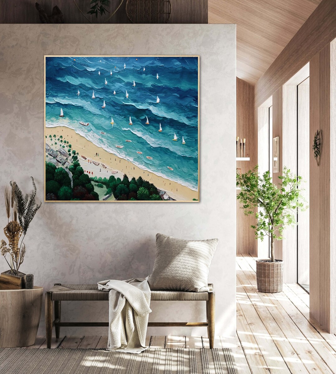 T Hand-painted Seascape Art: Beach Swimming Painting, Coastal Decor - Etsy