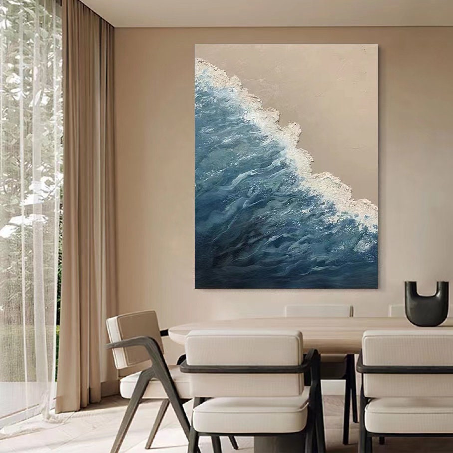 Dark Blue Ocean Beige Sand Art Textured Minimalism Original Extra Large ...