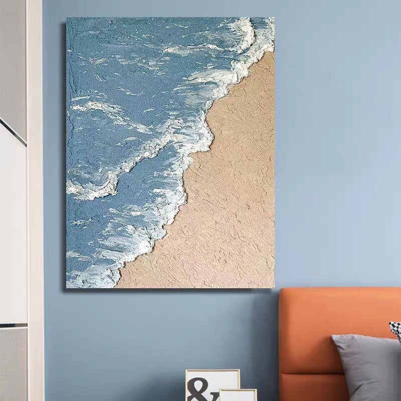 Blue Waves on Sandy Beach Artwork, Hand Painted Abstract Custom ...