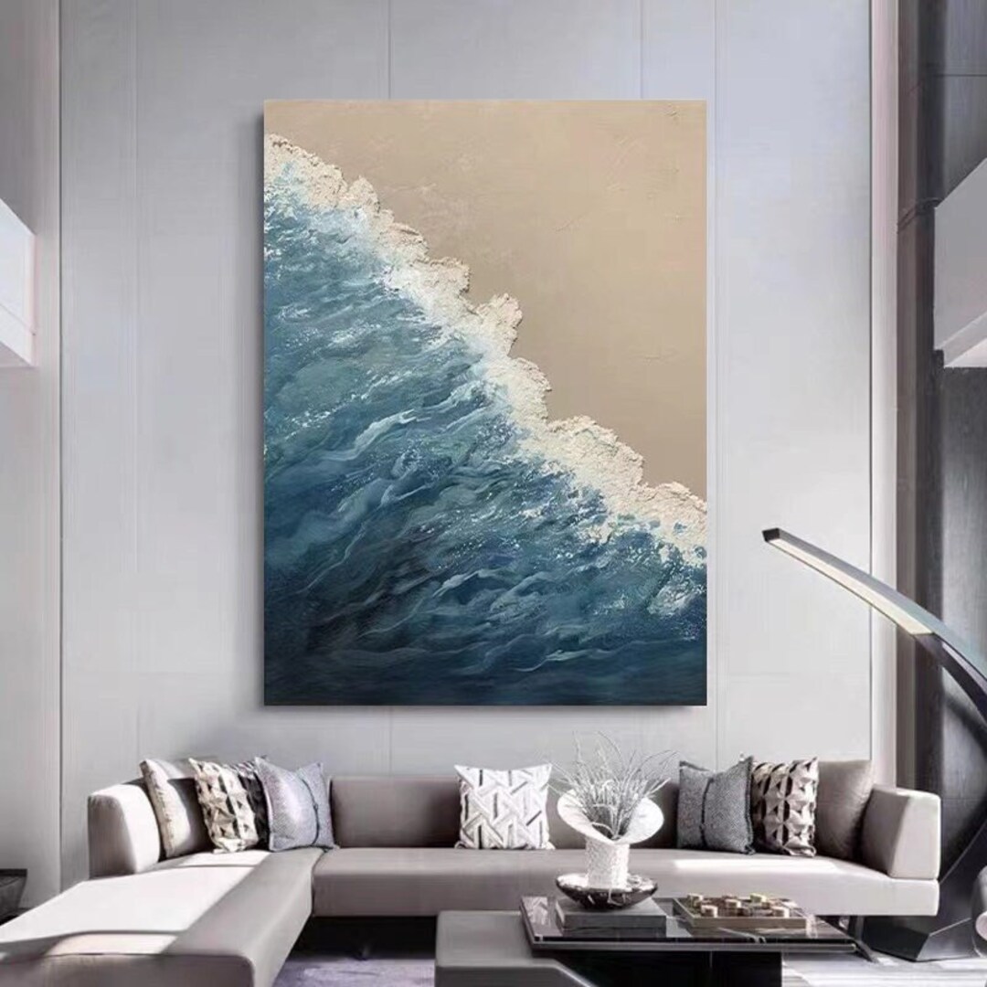Dark Blue Ocean Beige Sand Art Textured Minimalism Original Extra Large ...