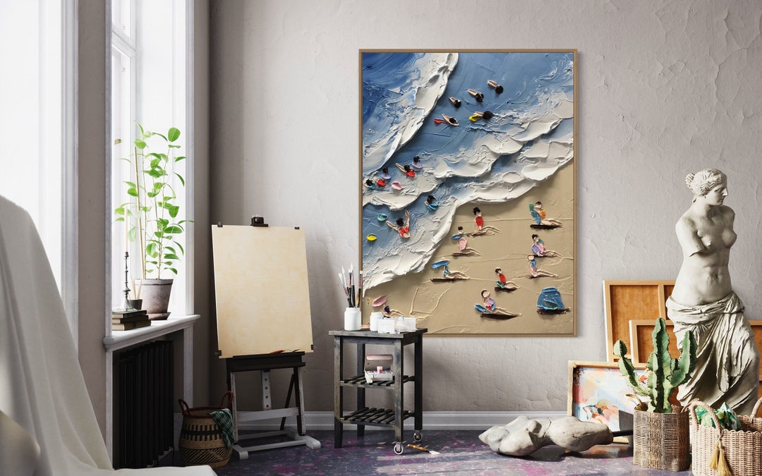 Original Dark Blue Swimming Surfers Ocean Coastal Art, Acrylic Oversize ...