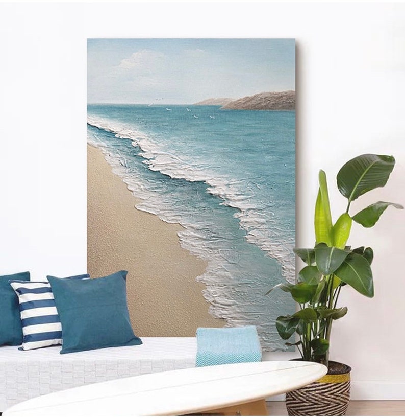 Textured Beach Painting: 3D Coastal Ocean Art, Palette Knife Painting ...
