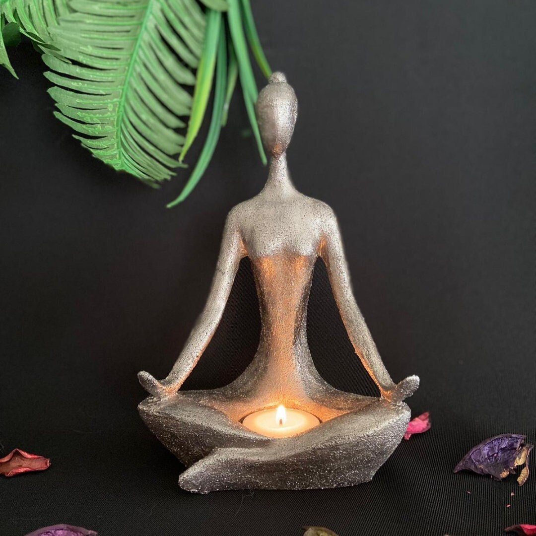 Silver Yoga Pose Statue Tealight Candle Holder, Woman Yoga Figurine ...